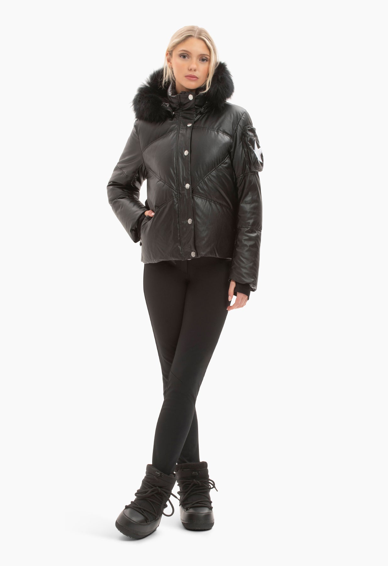 High Society Dakota Black Down Faux Leather Ski Jacket with Fur Hood ...